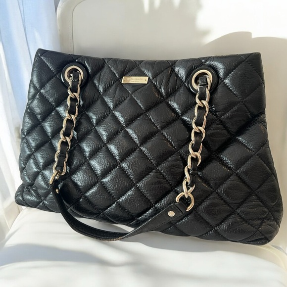 kate spade | Bags | Kate Spade Black Quilted Leather Tote Chain Strap ...